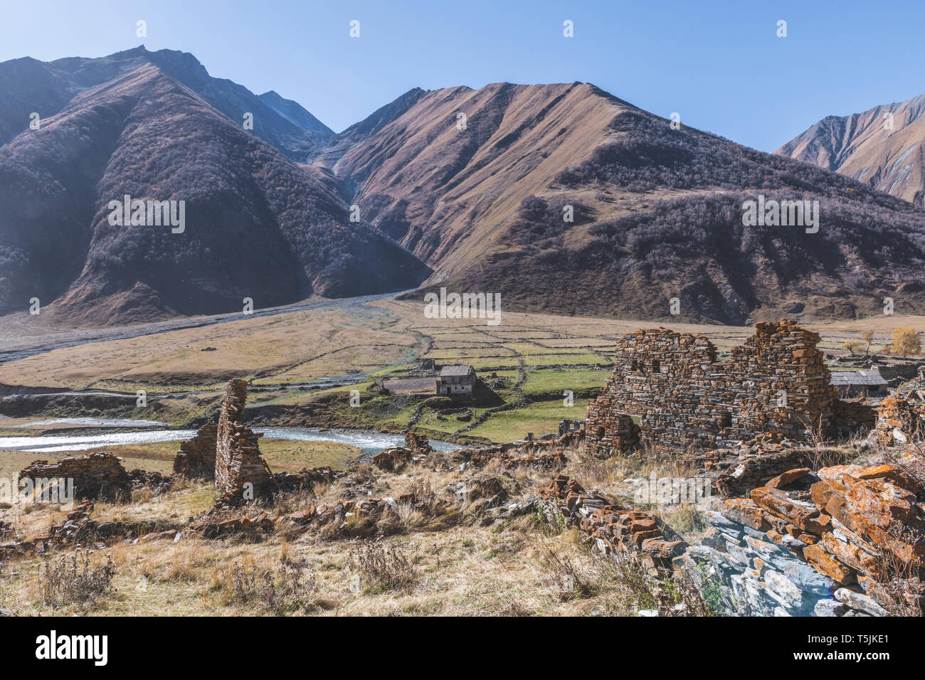 Georgia, Greater Caucasus, Truso Gorge with village Ketrisi Stock Photo ...