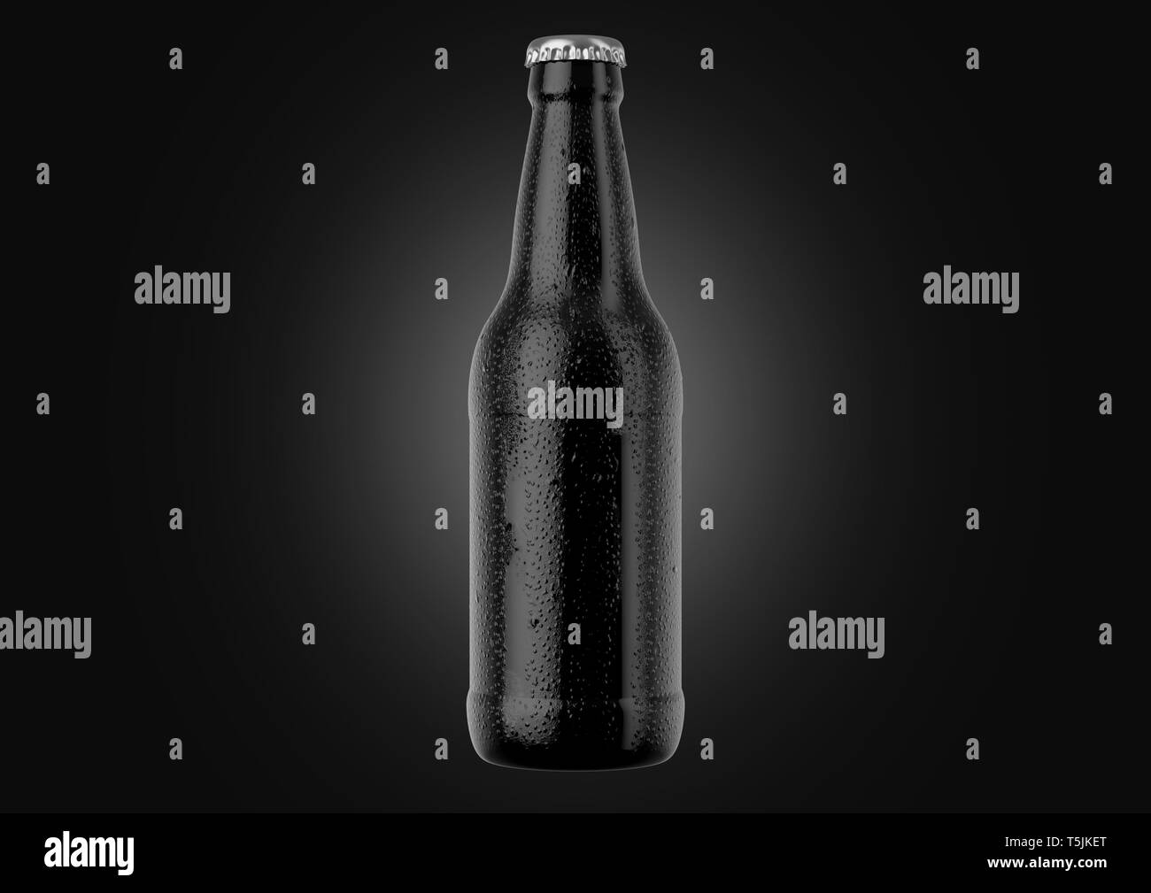 A Black Glass Beer Bottle Covered In Water Spritz And Condensation Droplets On An Isolated White