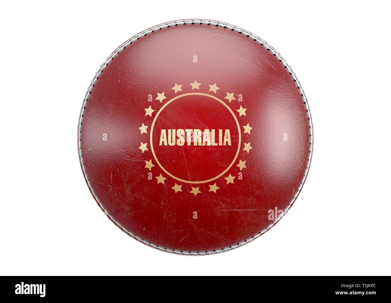 A side view of red cricket ball with a gold foil branding area and the ...