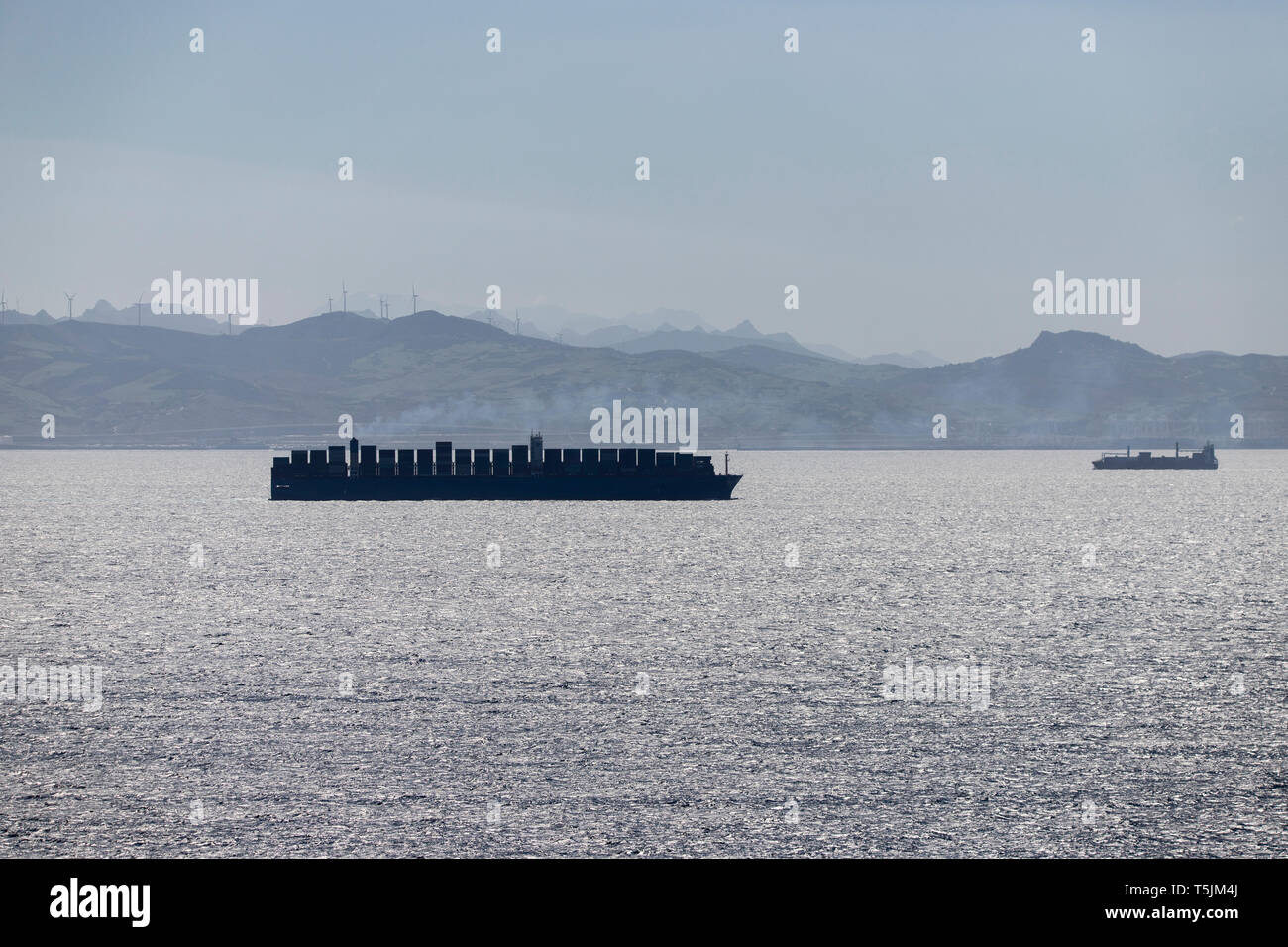 Spain, Andalusia, Tarifa, Strait of Gibraltar, Container ship Stock ...