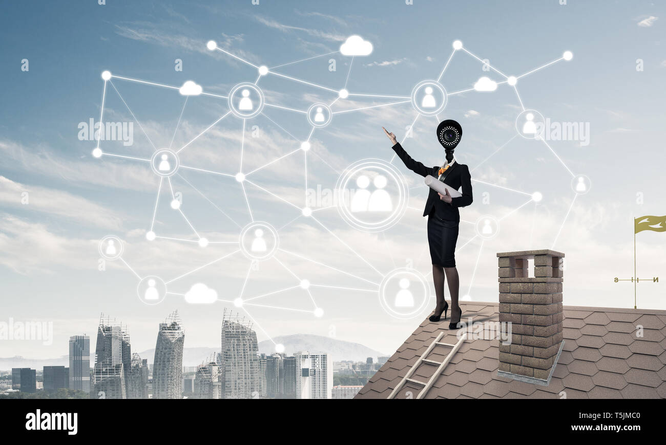 Concept of security and privacy protection with camera headed woman ...