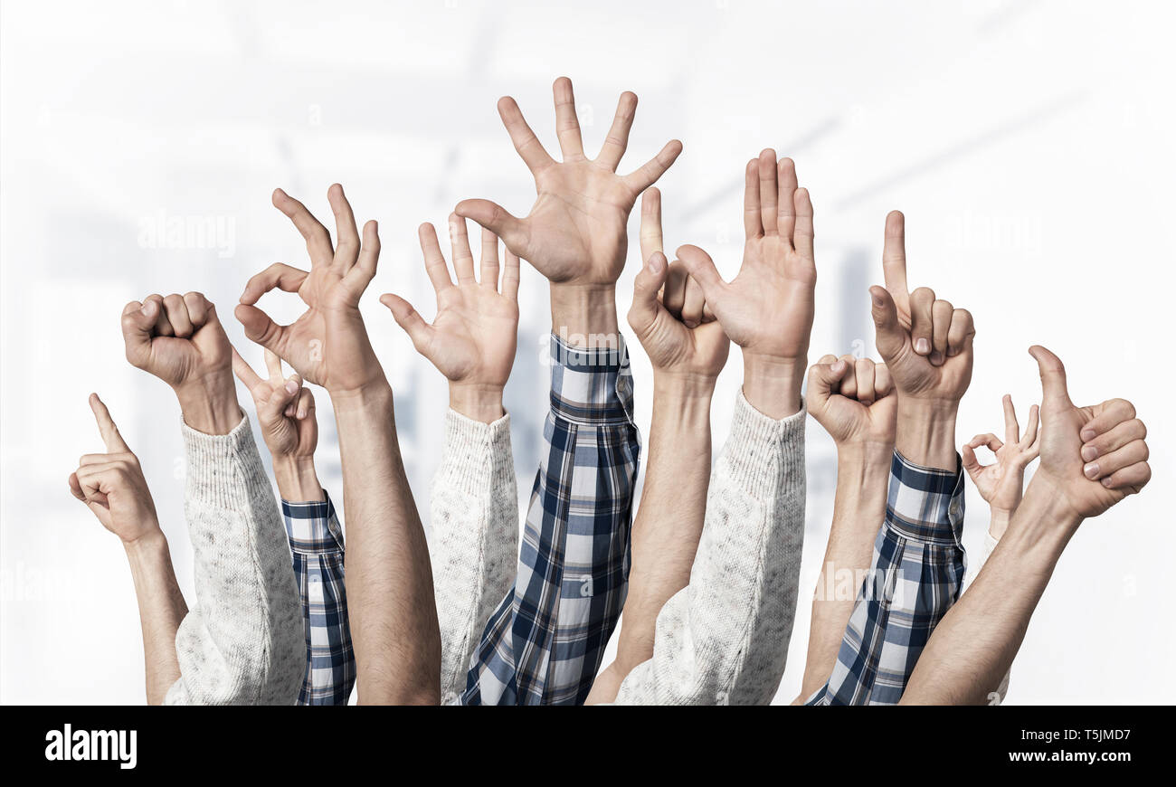 Row of man hands showing various gestures Stock Photo - Alamy