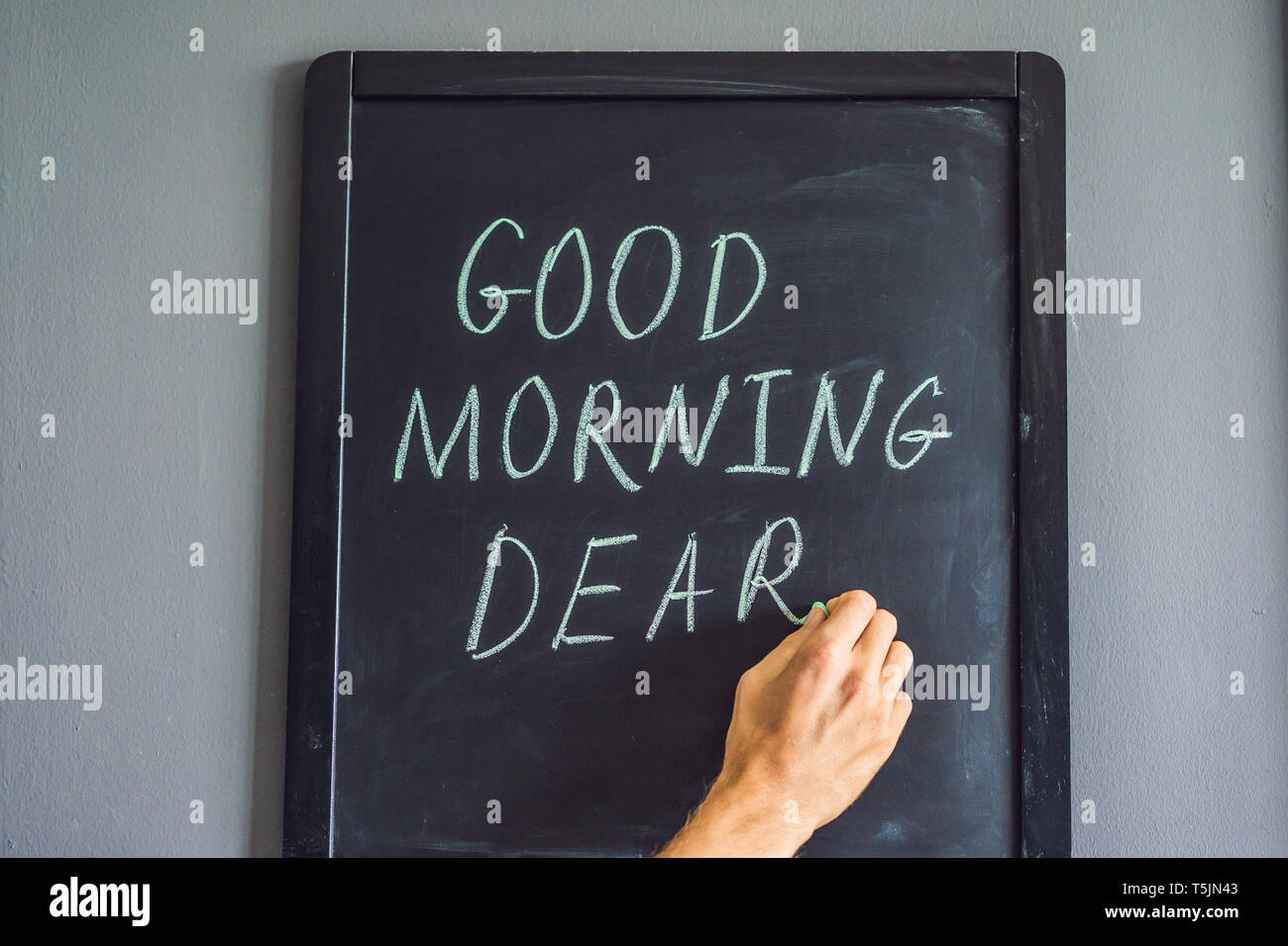 Good morning dear - inscription in chalk on a blackboard Stock Photo ...