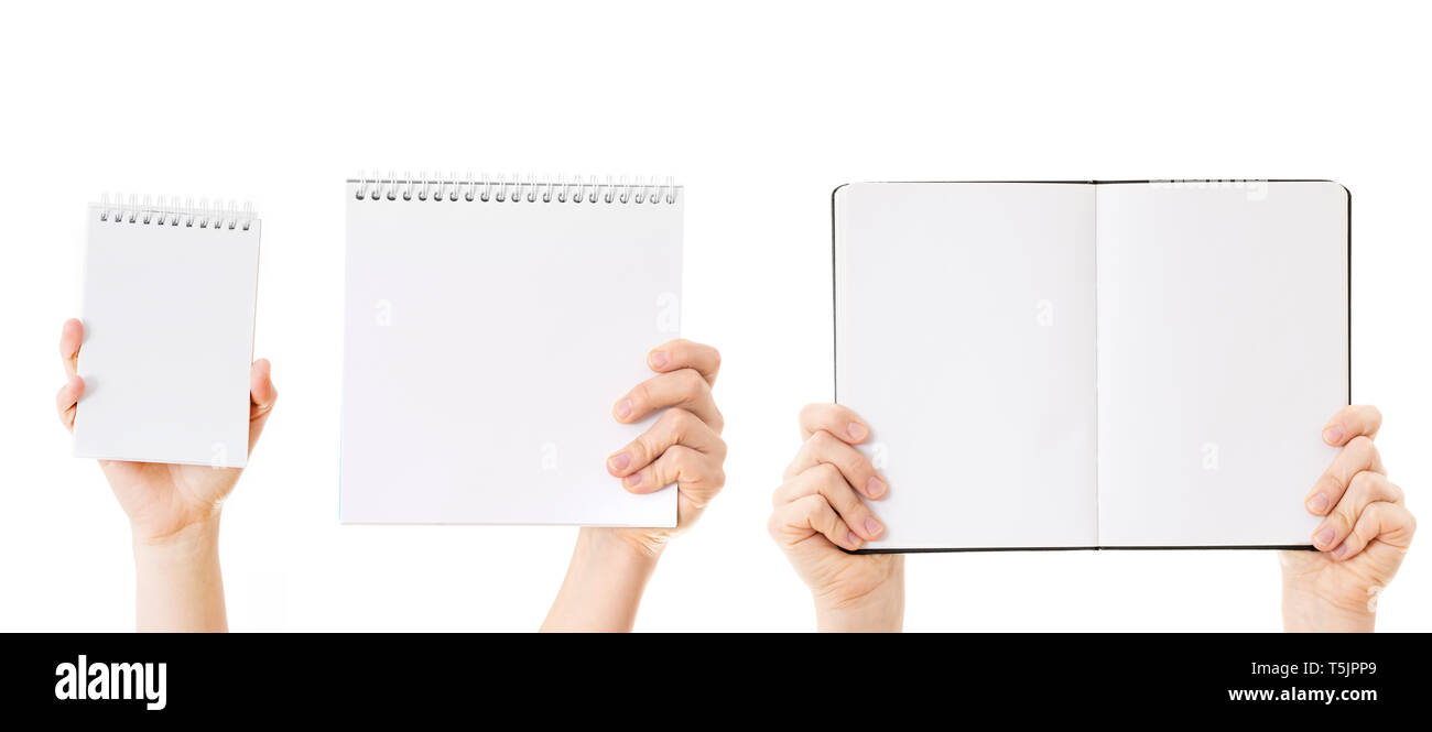 hand holding blank notebook isolated Stock Photo - Alamy