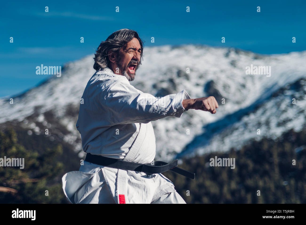 Senior man practicing karate outdoors Stock Photo - Alamy