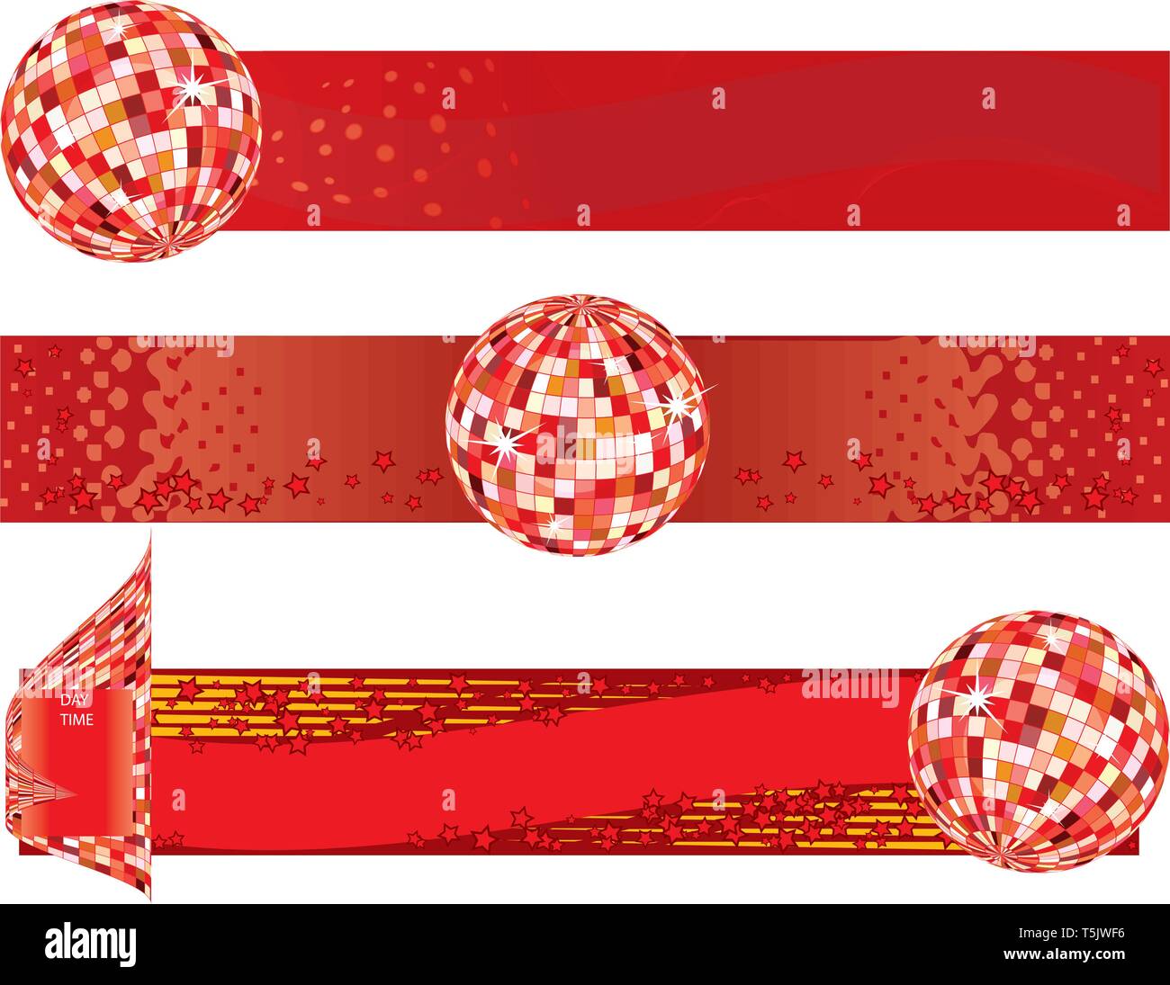 Three colorful red banners with disco balls, vector illustration Stock ...