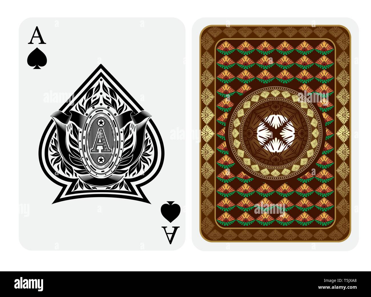 Ace of spades face with floral pattern inside spades form and back with ...