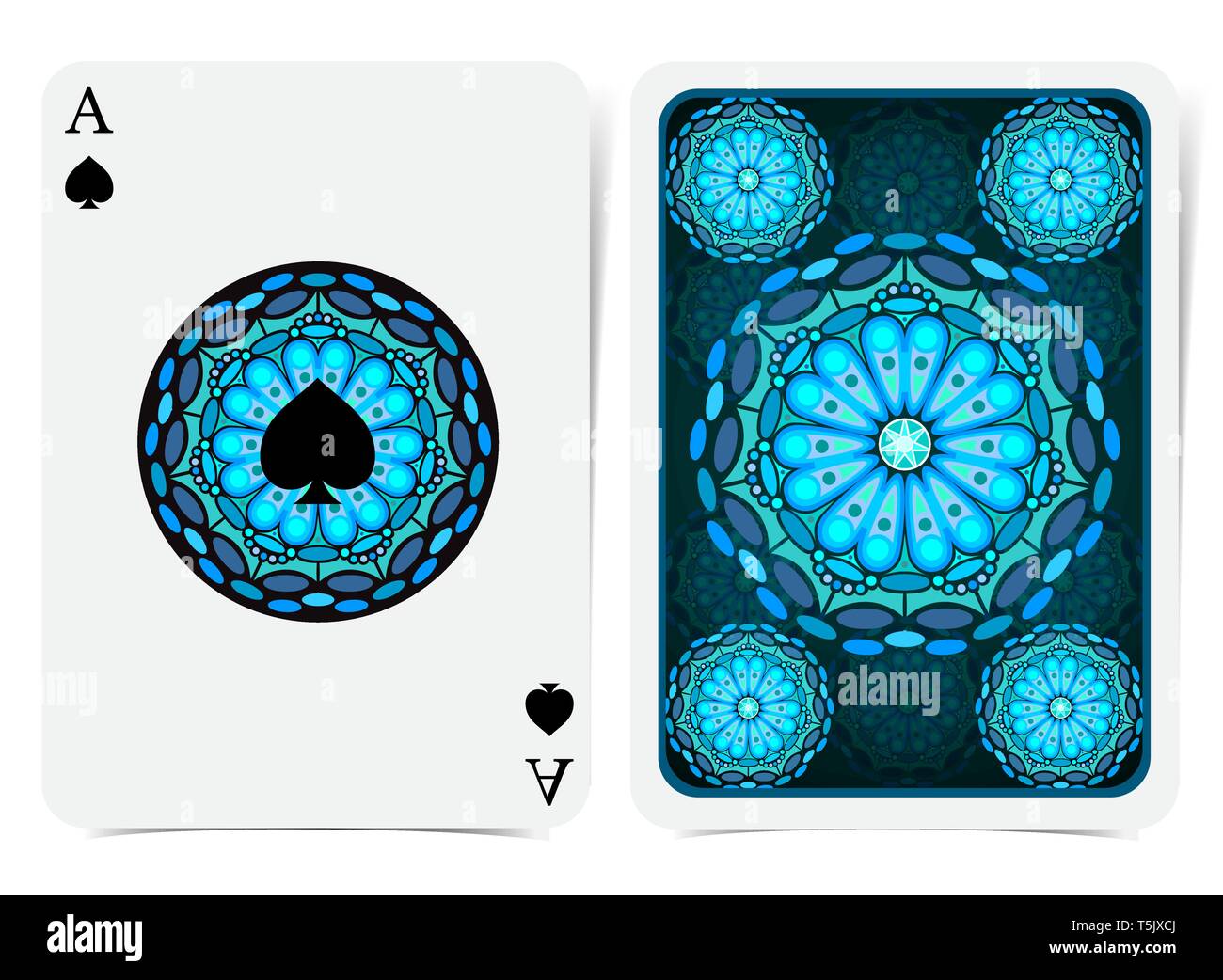 Ace of spades face with spades inside blue geometrical pattern round ...