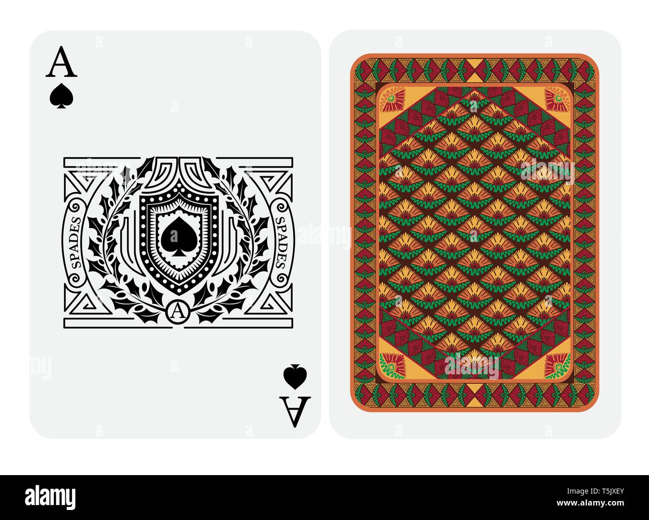 Ace of spades face with spades inside of shield in center of wreath and ...