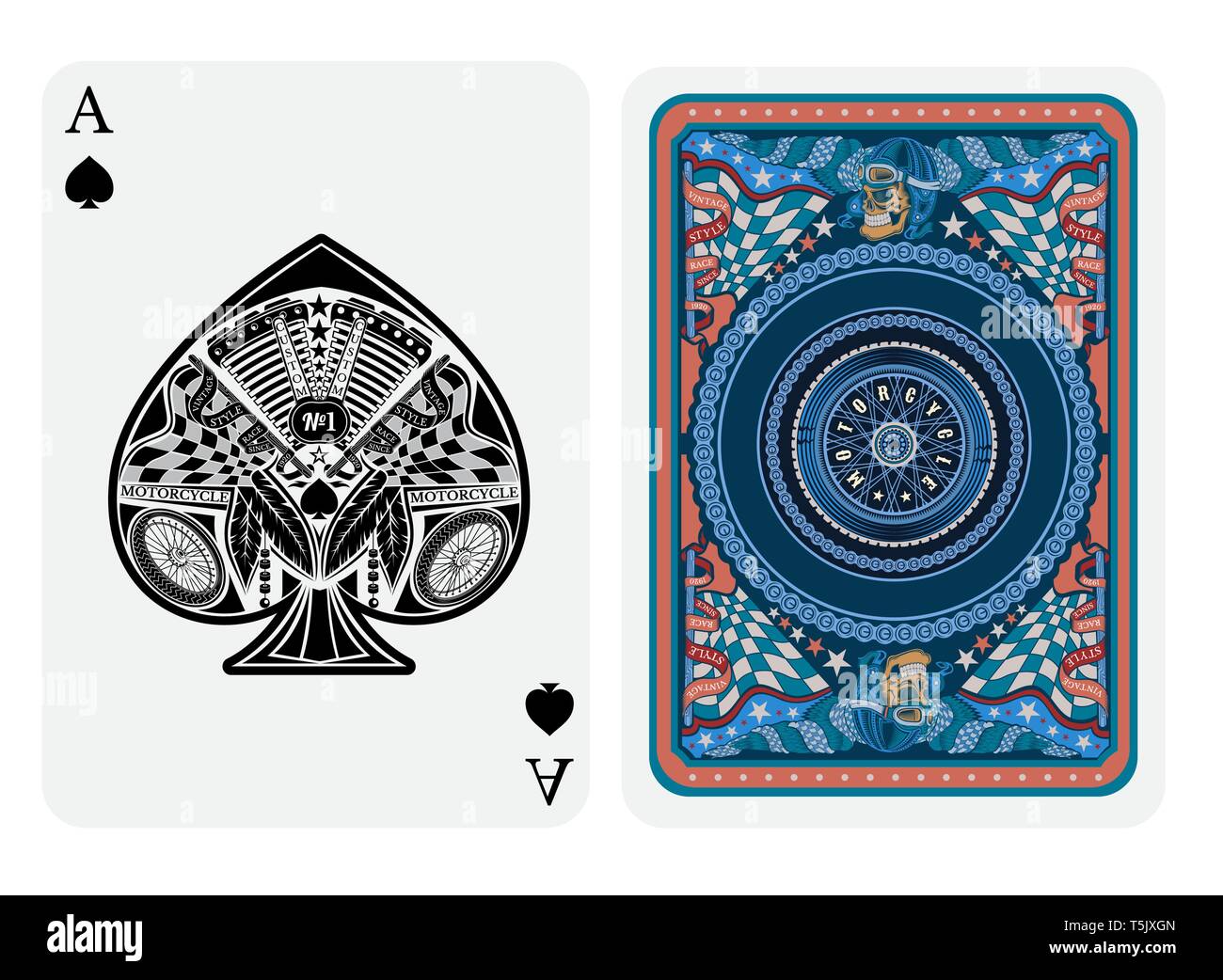 Ace of spades in motorcycle style. Face with bike motor, race flags ...