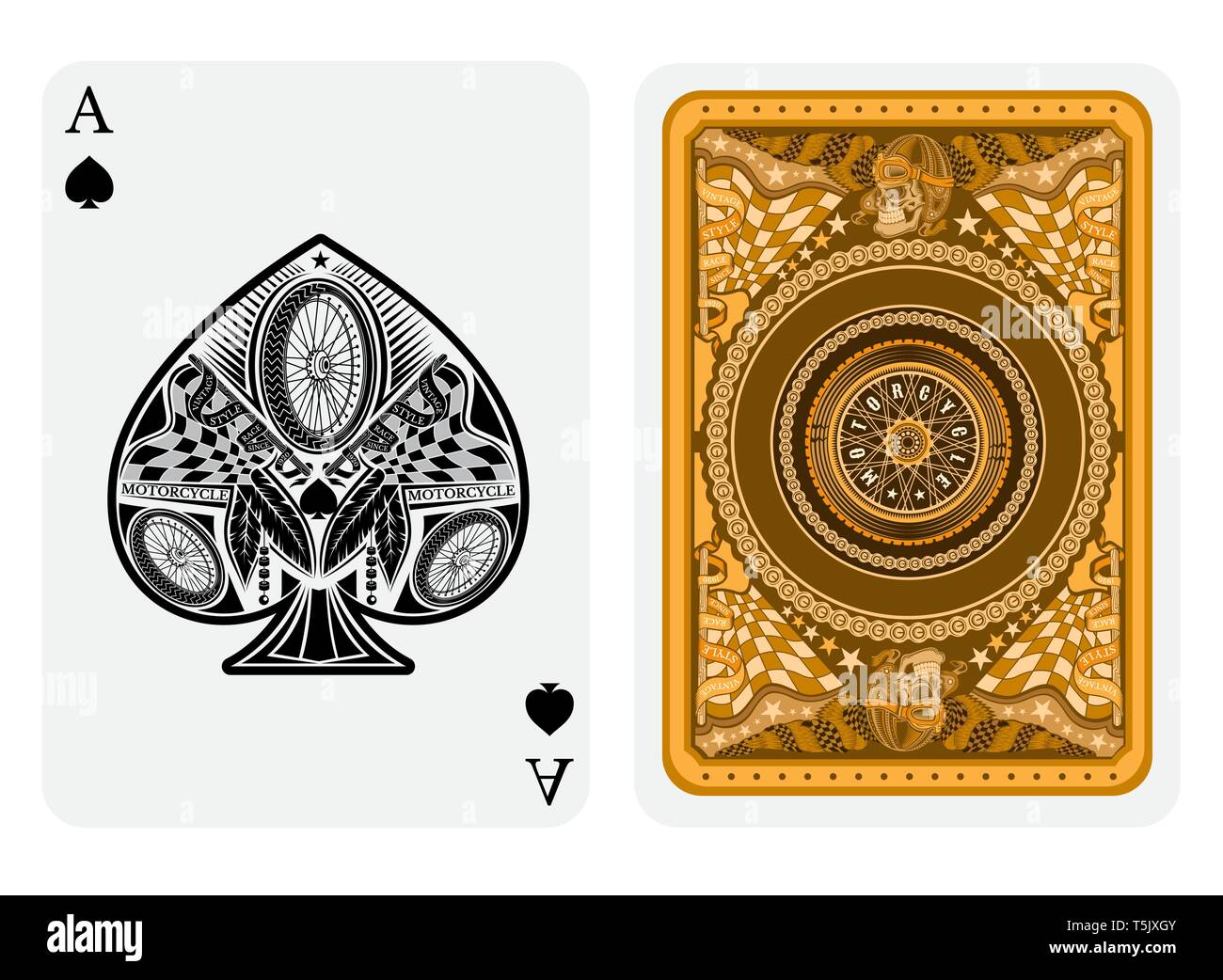 Ace of spades in motorcycle style. Face with bike motor, race flags ...