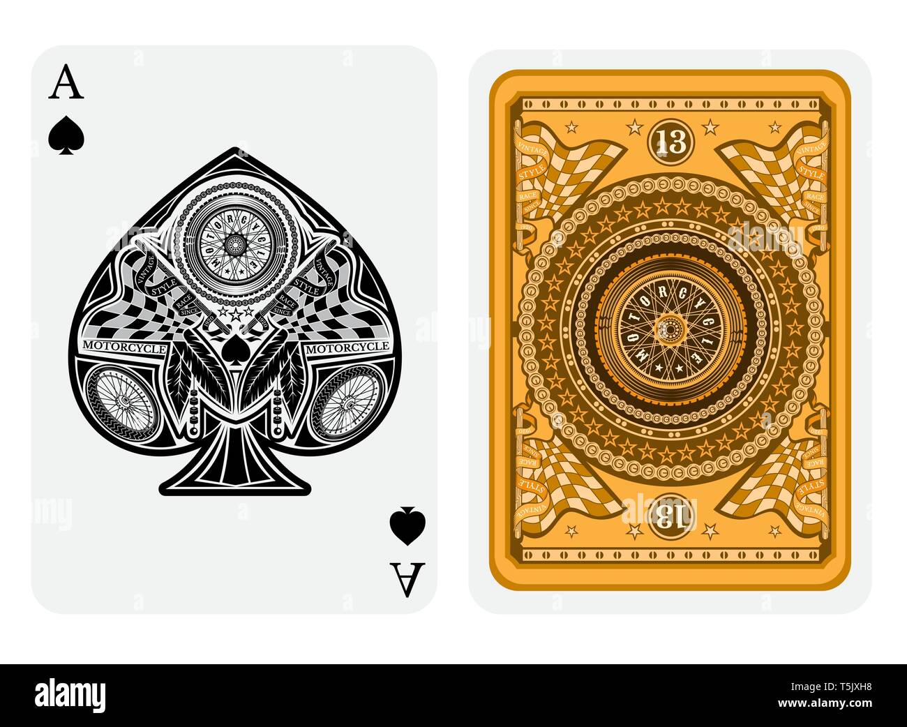 Ace of spades in motorcycle style. Face with bike wheels, race flags ...
