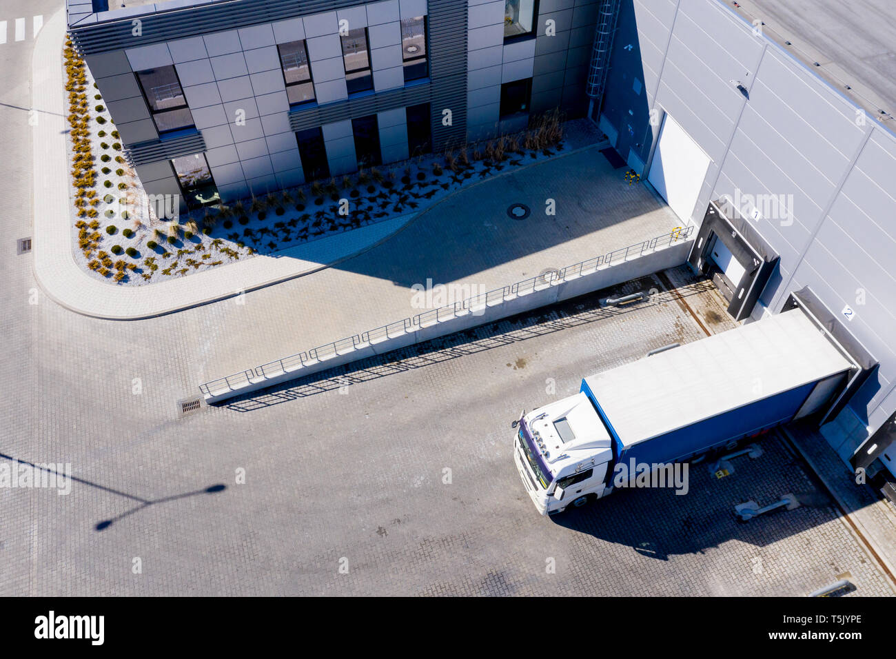 Large distribution hub, trucks and trailers. Aerial View Stock Photo ...