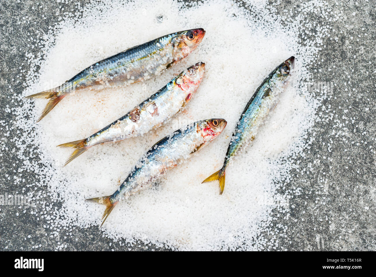 Whole raw organic mackerel fish with sea salt lying on a flat surface ...