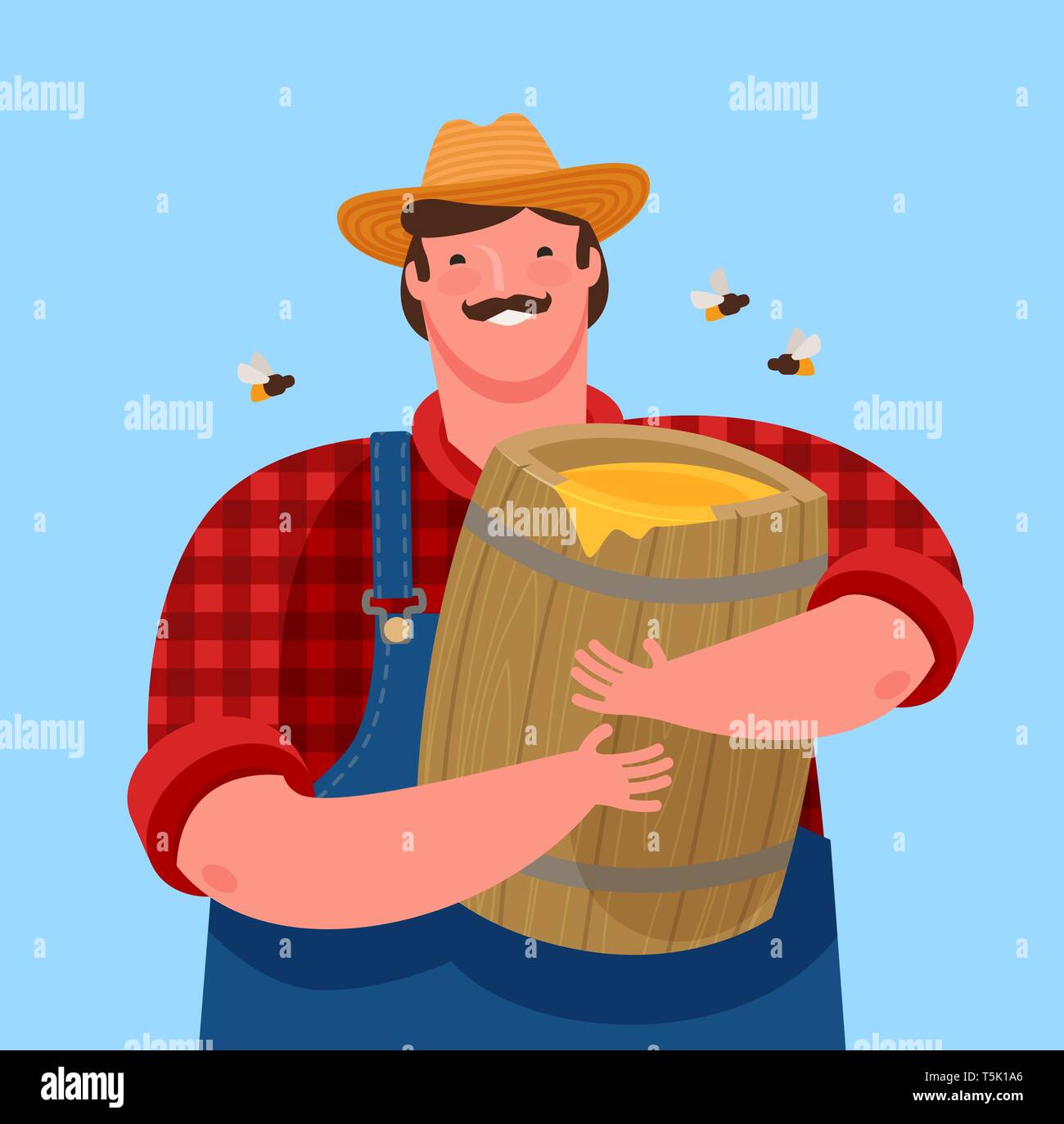 Beekeeper is holding a wooden keg with honey. Beekeeping, cartoon ...