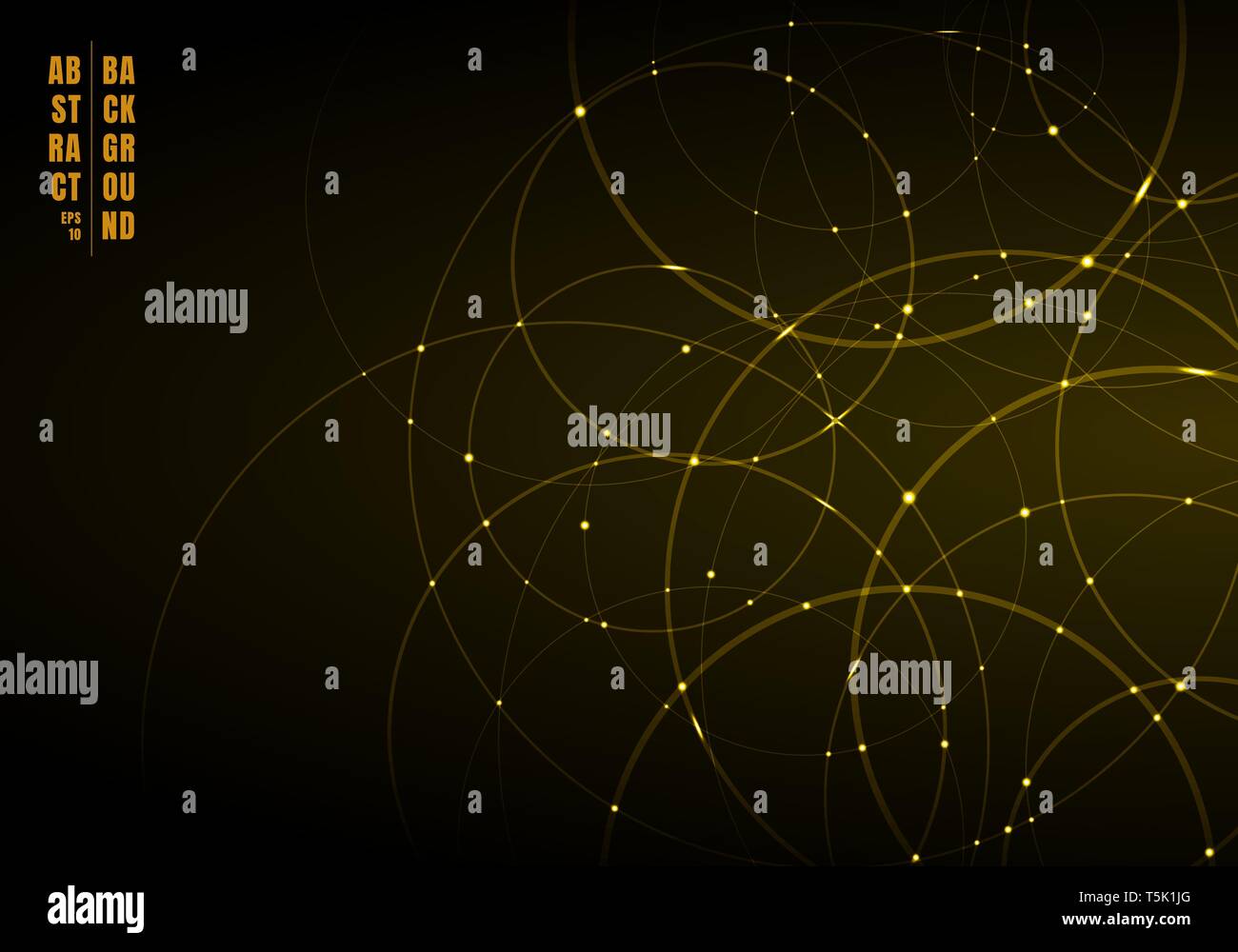 Abstract gold neon circles with light overlapping on black background ...