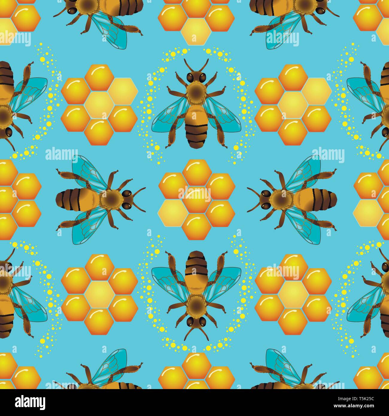 Bee and honey. Seamless pattern. Realistic style. Geometrical arrangement. Blue background Stock ...