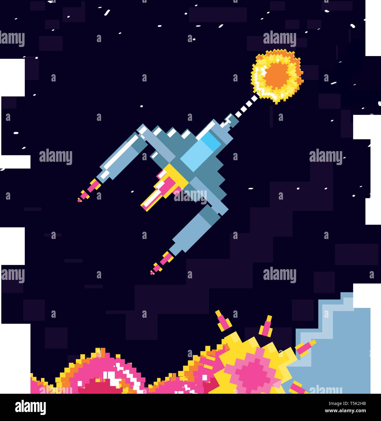 video game spaceship flying in stage scene pixelated vector ...