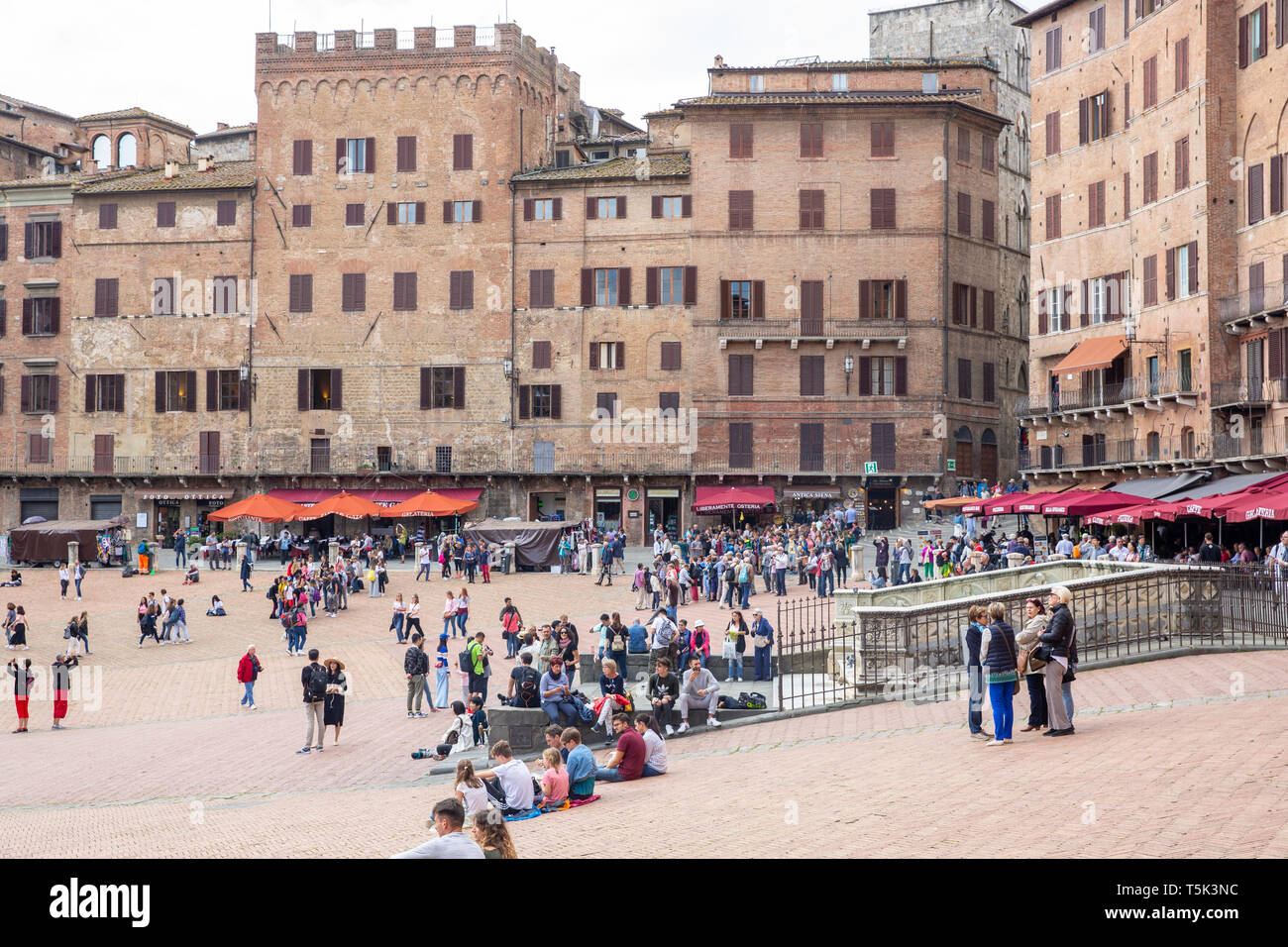 Piazzo del Campo, historic fan shaped square in medieval city of Siena ...