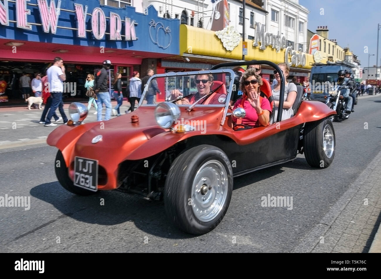 Dune buggy on Marine Parade passing amusement arcades at the Southend ...