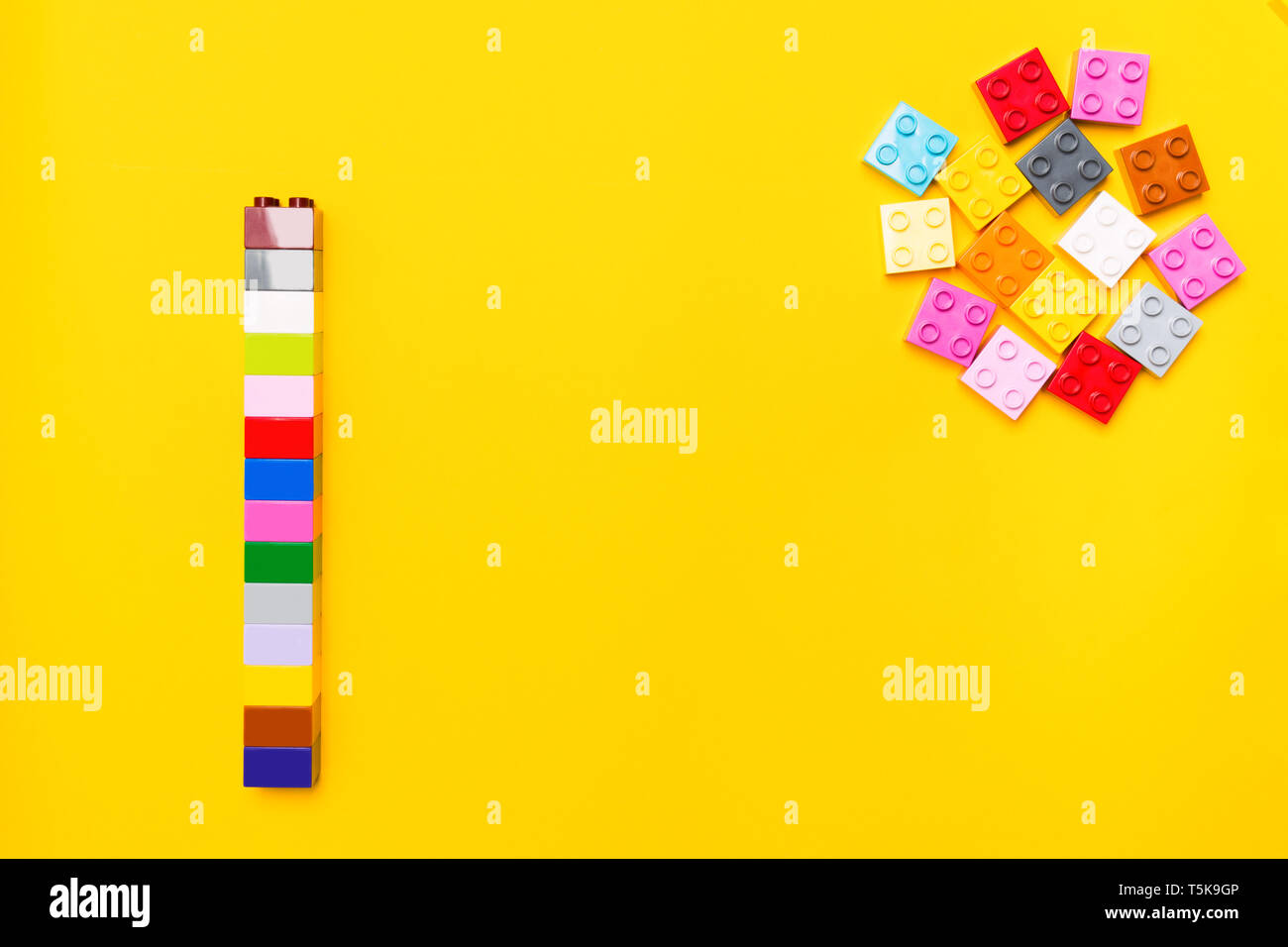 Colorful plastic construction of square block elements of toy ...