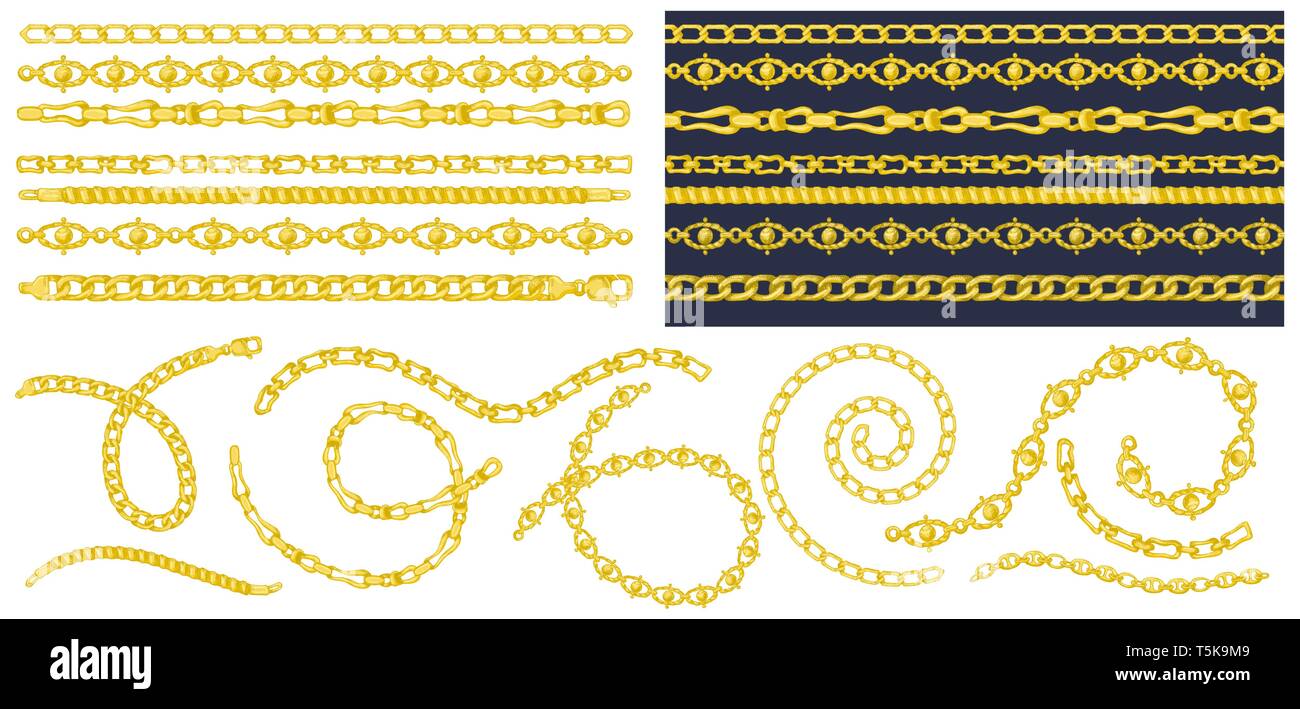 Set of brush patterns with retro hand-drawn sketch golden chain on dark ...