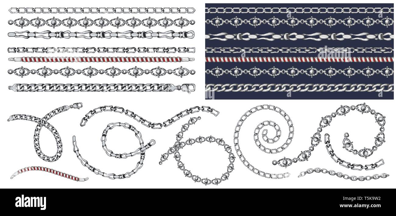 Set of brush patterns with retro hand-drawn sketch silver chain on dark ...