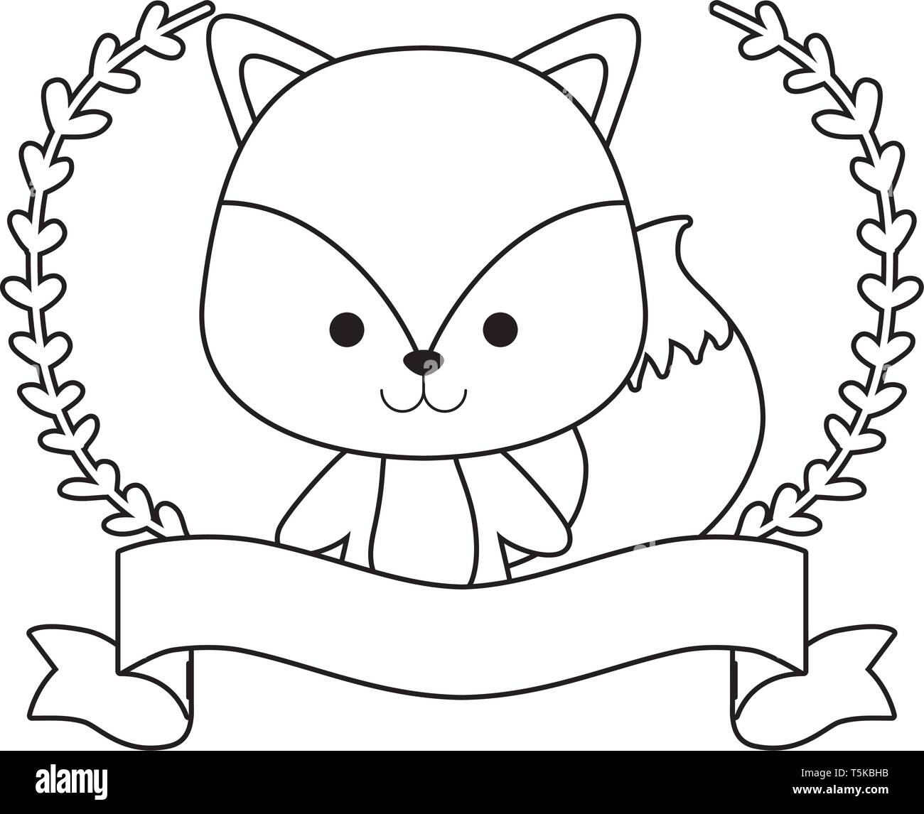 cute fox with ribbon and branches of leafs vector illustration design ...