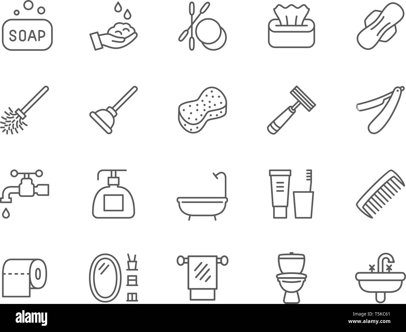 Set of Hygiene Line Icons. Bathtub, Bath Sponge, Tampon, Toilet Plunger ...