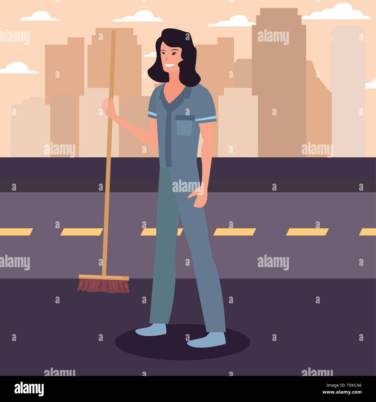 street sweeper woman with broom city labour day vector illustration ...