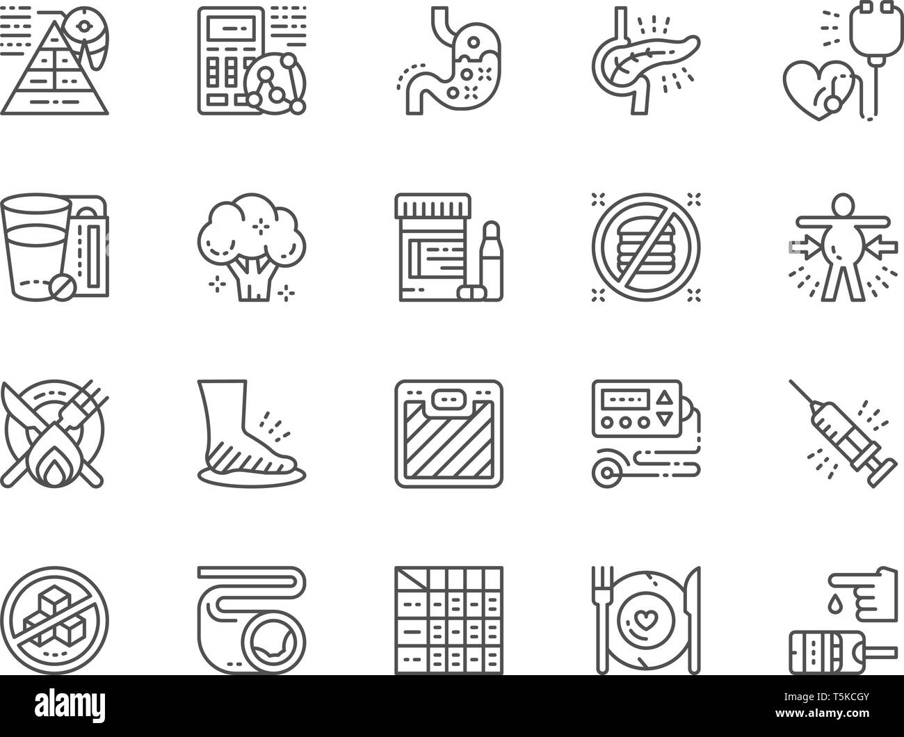 Set of Diabetes Line Icons. Heartburn, Electrocardiogram, Glucometer ...