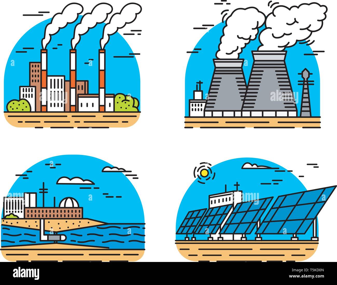 Power plants icons. Industrial buildings. Nuclear Factories, Chemical ...