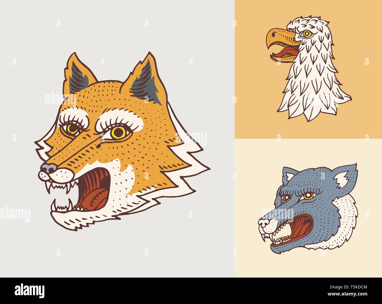 Vintage animal heads. Logo for t-shirt. Wild fox, Falcon. Translation ...