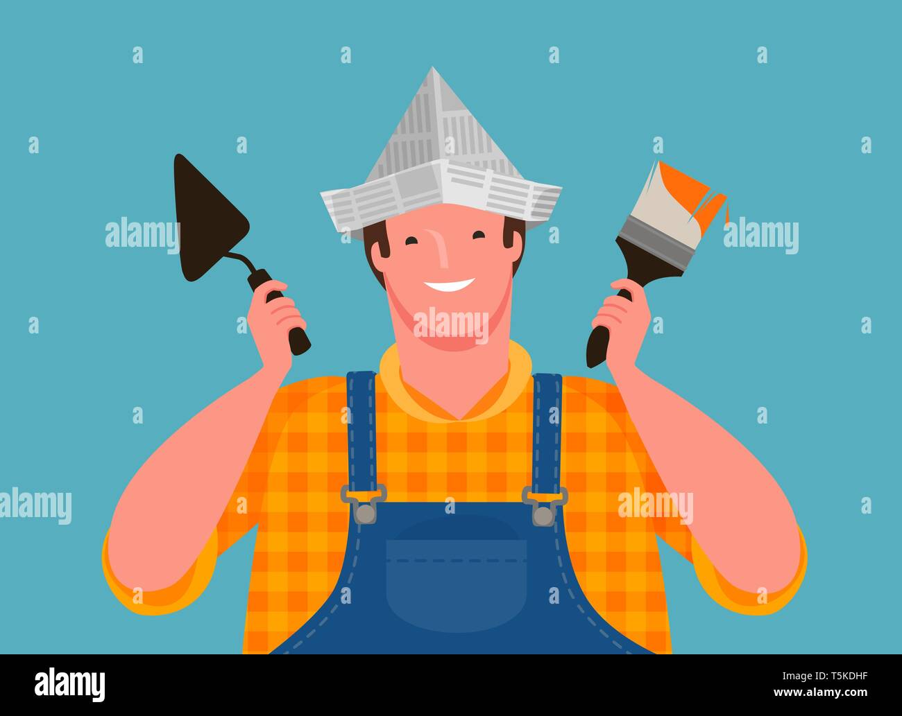Happy worker holding building tools. Finishing work, cartoon vector ...