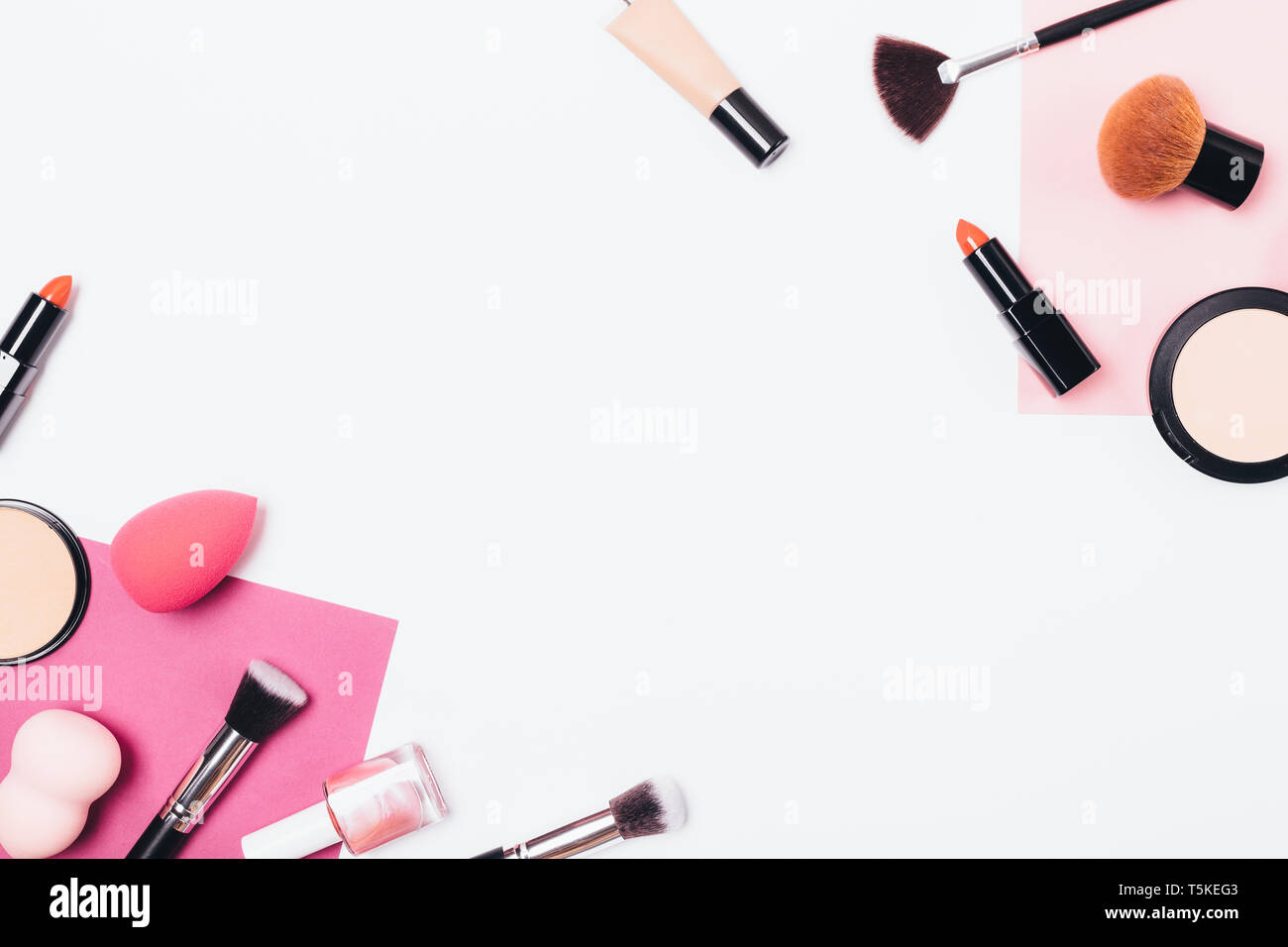 Makeup background frame of women's decorative cosmetic products and ...