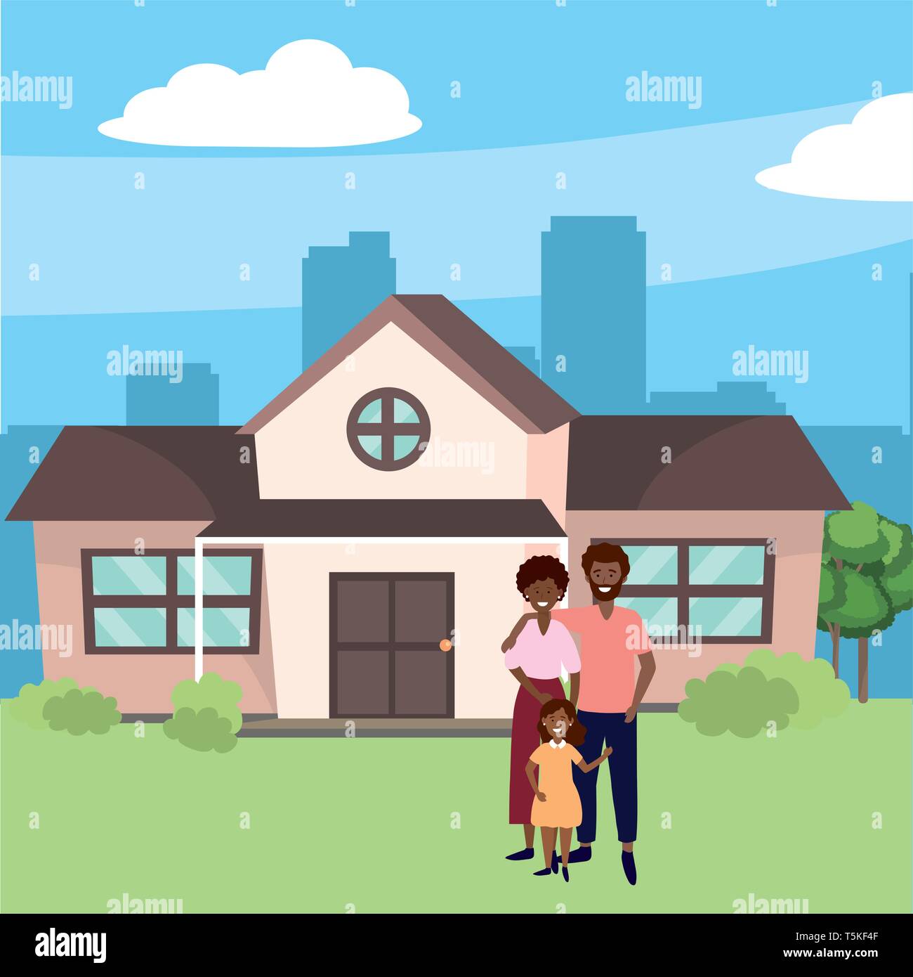 family baby care couple with baby at urban big house home cartoon ...