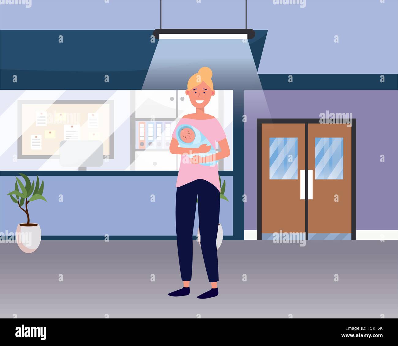 family baby care mom woman with baby at medical hospital room cartoon ...