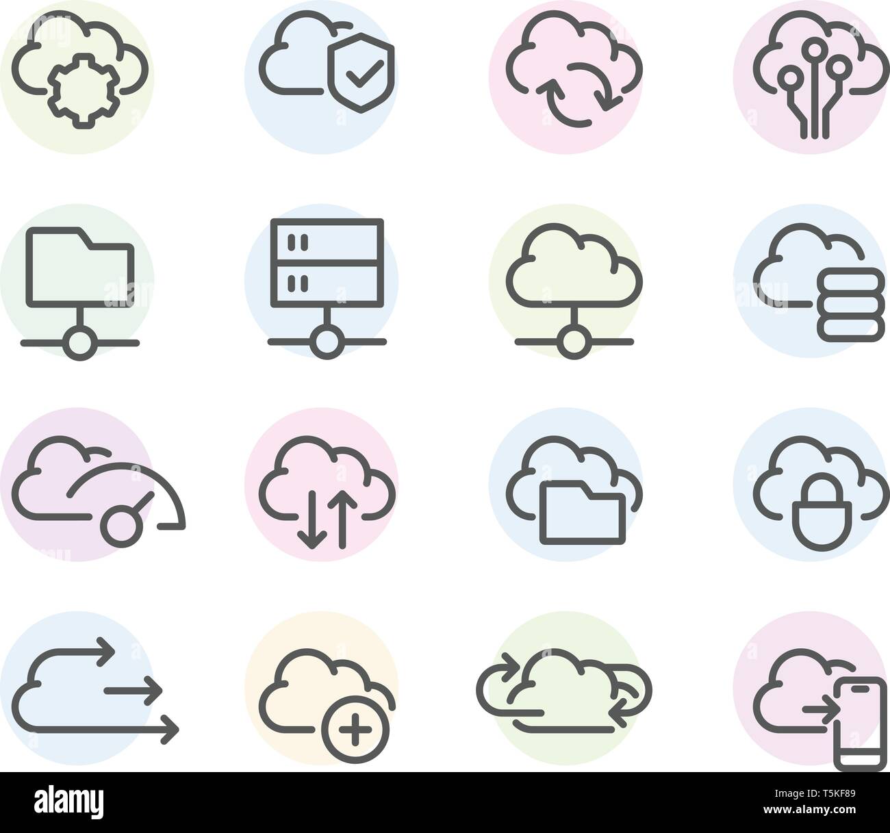 Set of computer cloud line icons - data synchronisation, transfer, cloud computing settings ...