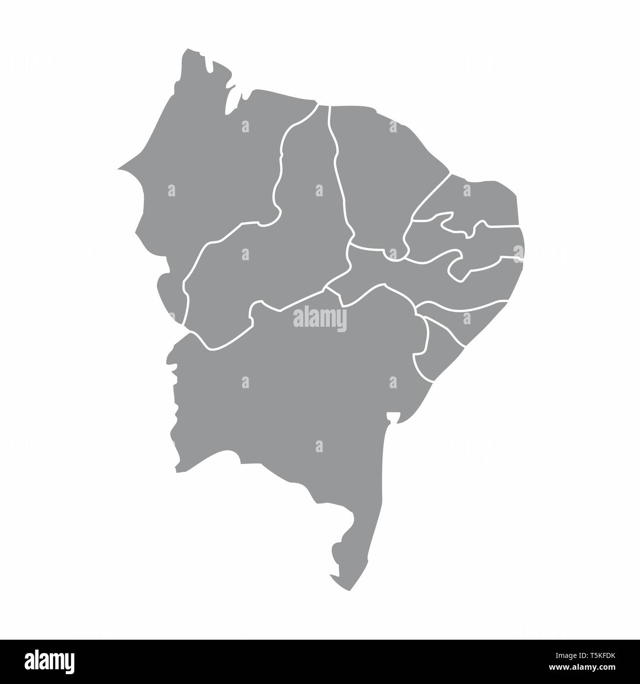 Gray map of the Brazil northeast region isolated on white background ...