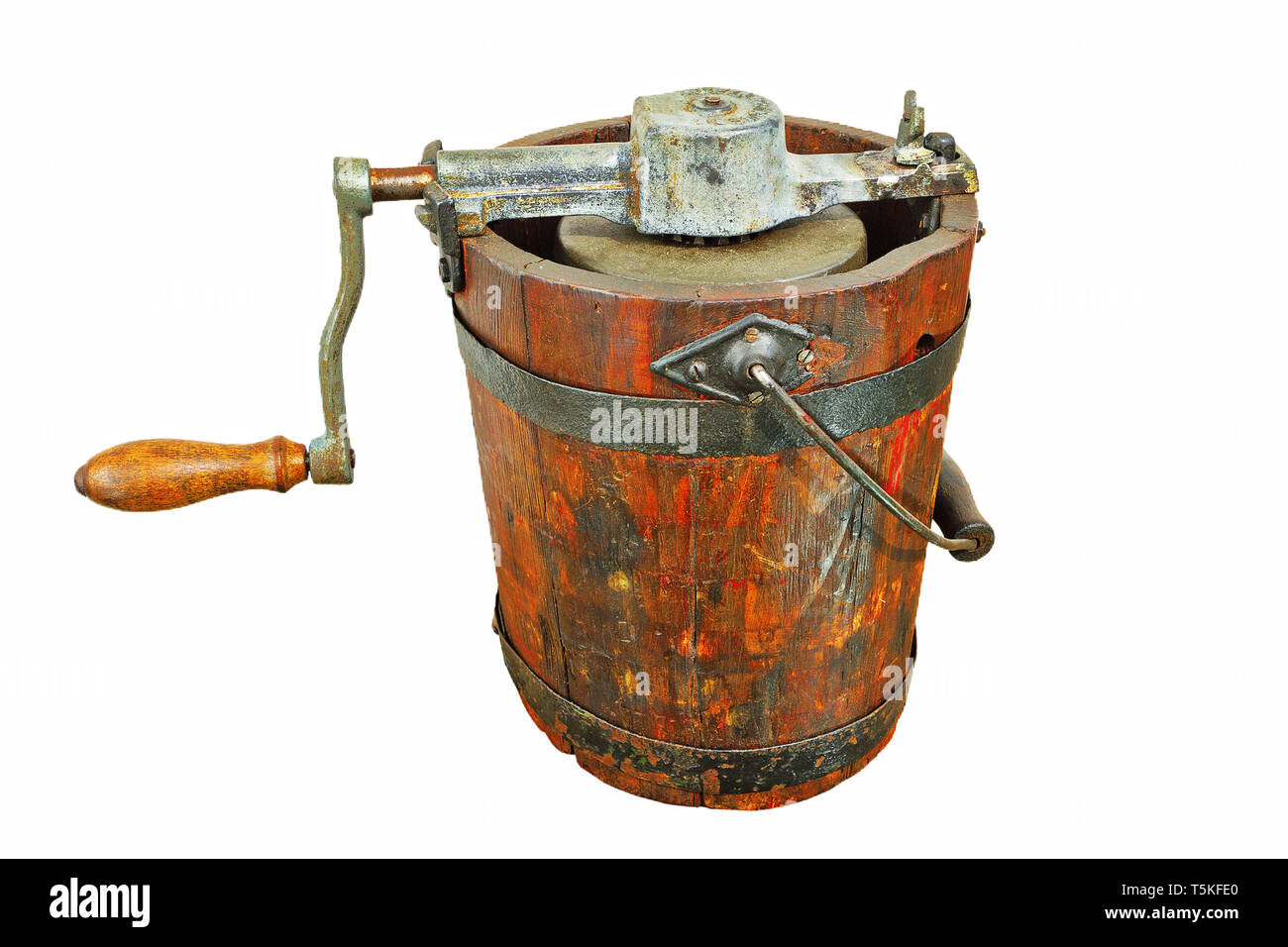 historic manual grape press isolated over white background, vintage ...