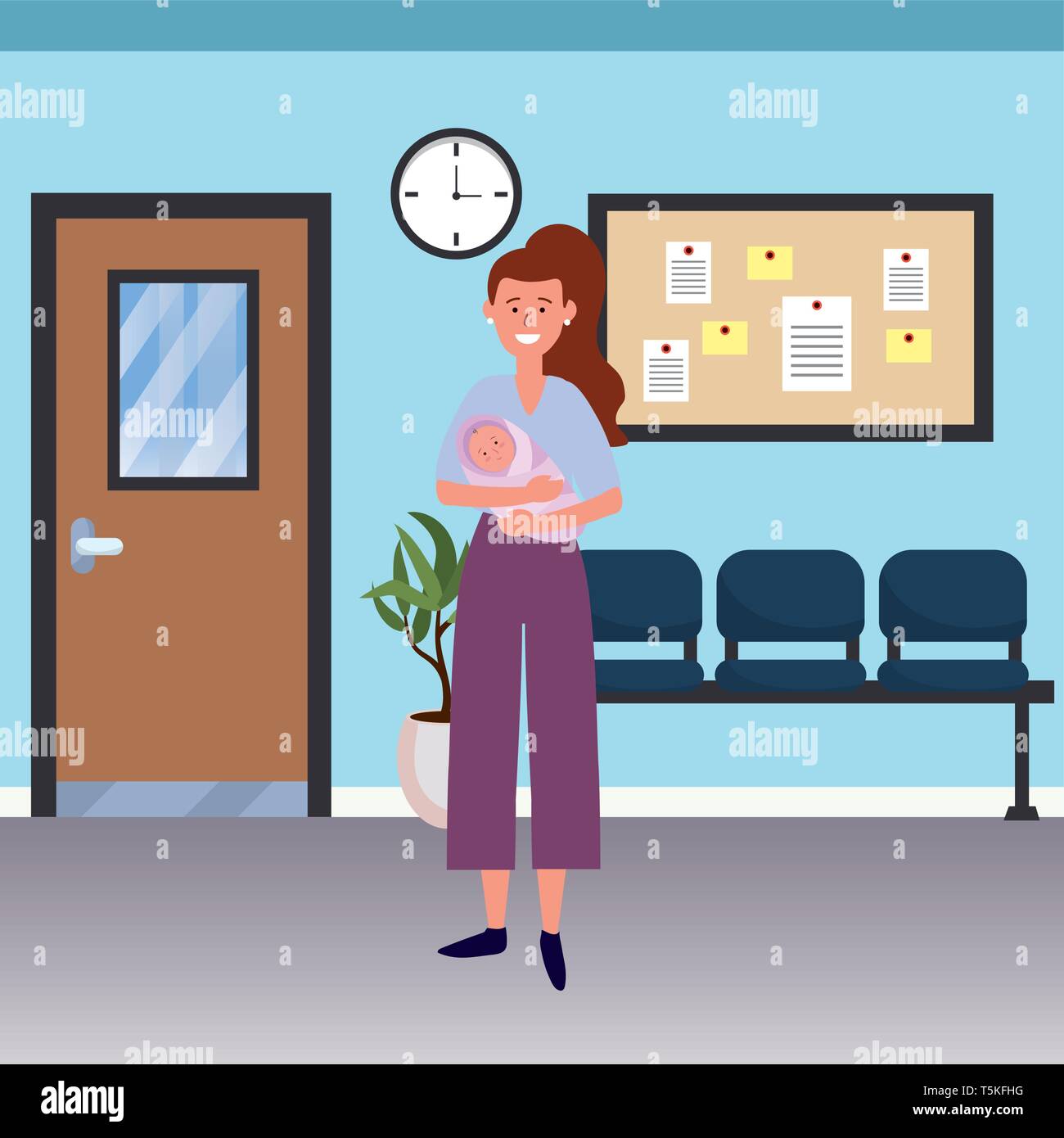 family baby care mom woman with baby at medical hospital room cartoon ...