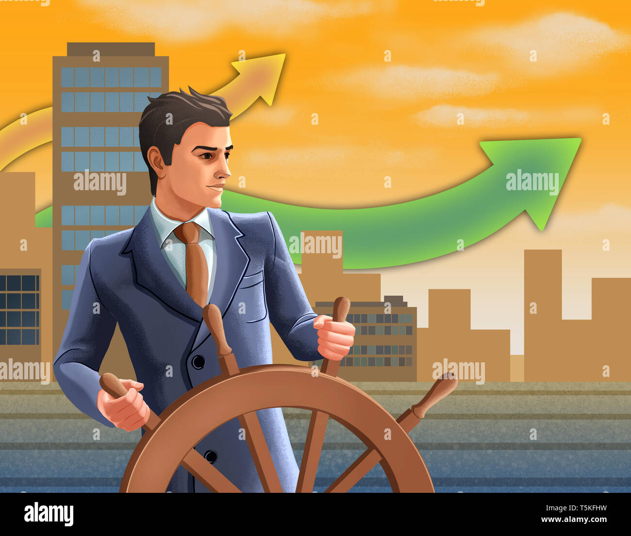 Confident businessman as a helmsman at a ship's wheel. Digital ...