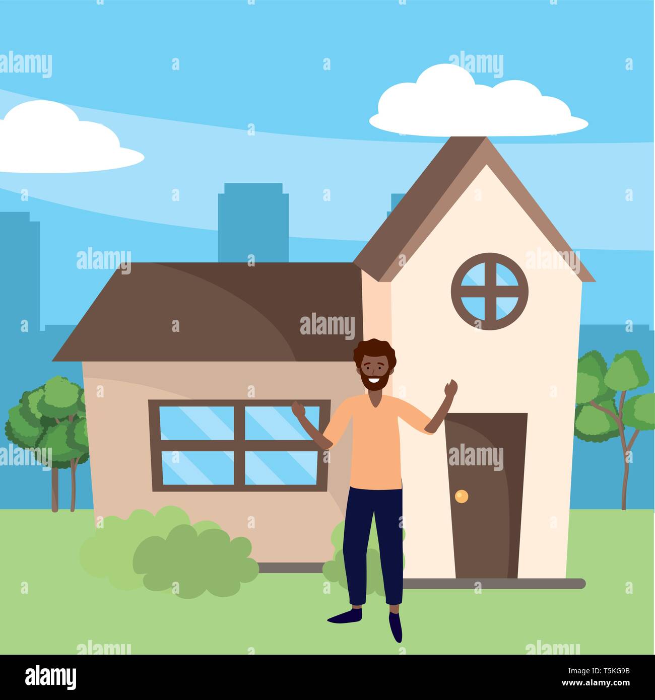casual happy people young man at urban big house home cartoon vector ...