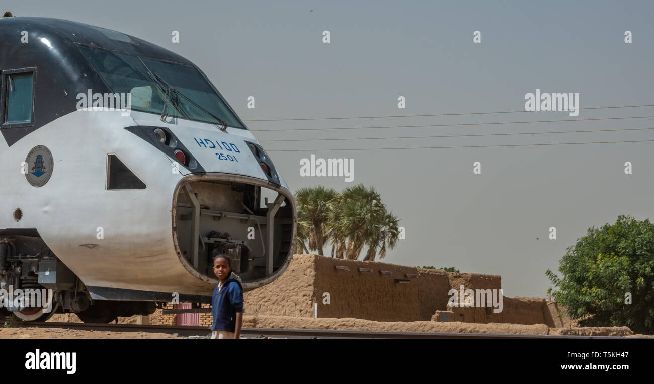 Schandi, Sudan, February 11., 2019: Chinese style train on the railway ...