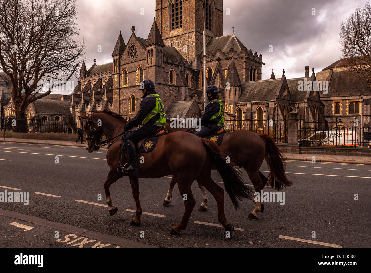 Dublin, Ireland – March 2019. Policeman on crowd control horses near to ...
