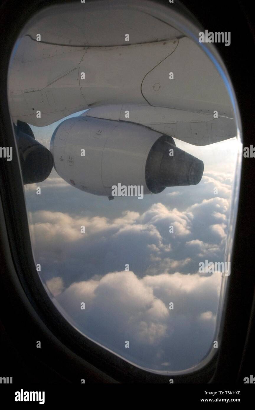 View out of aeroplane window, approaching City Airport, London, England ...