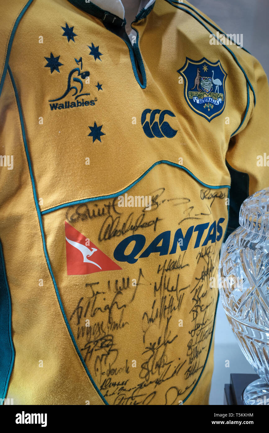 A signed Australia team rugby shirt in a display cabinet at Murrayfield ...