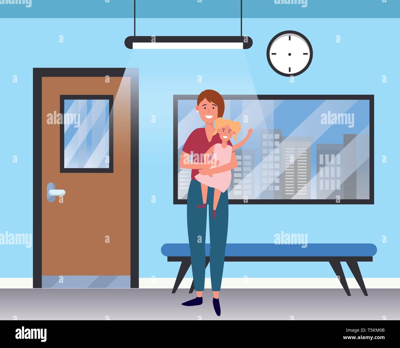 family baby care mom woman with child at medical hospital room cartoon ...