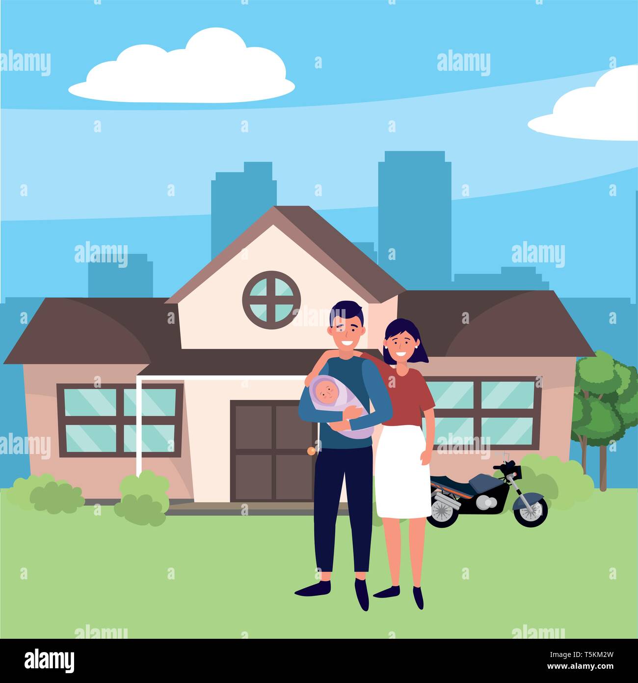 family baby care couple with baby at urban big house home cartoon ...