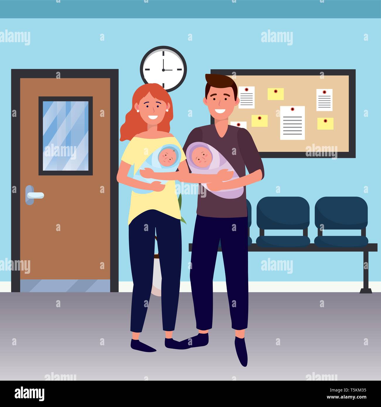 family baby care couple woman with man and babies at medical hospital ...